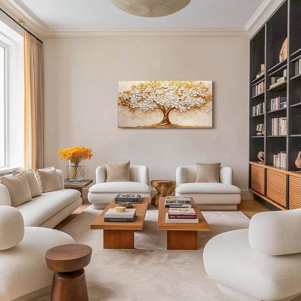 Latitude Run® Tree Of Life Large Wall Art, Blooming Flower Tree Art Prints, White Gold Abstract ...